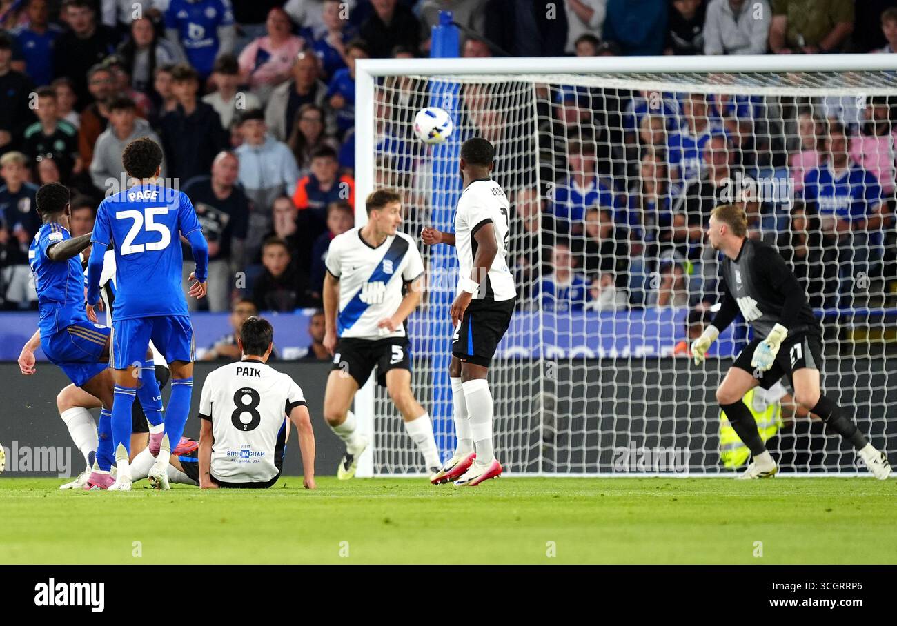 Leicester City's Issahaku Fatawu (left) scores their side's first goal ...