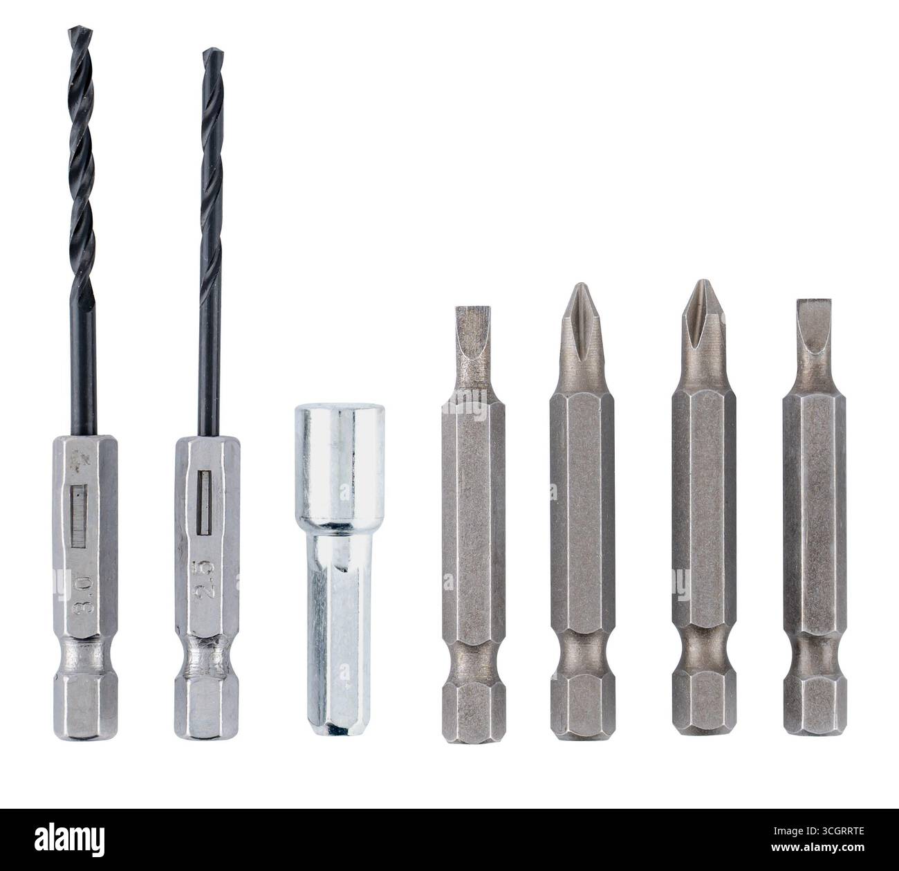 set of drill bits and screwdriver bits, on a white background in ...