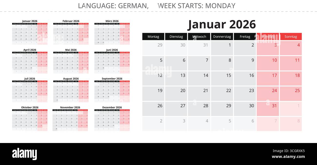 German calendar 2026, set of 12 month - Kalender. Vector illustration ...