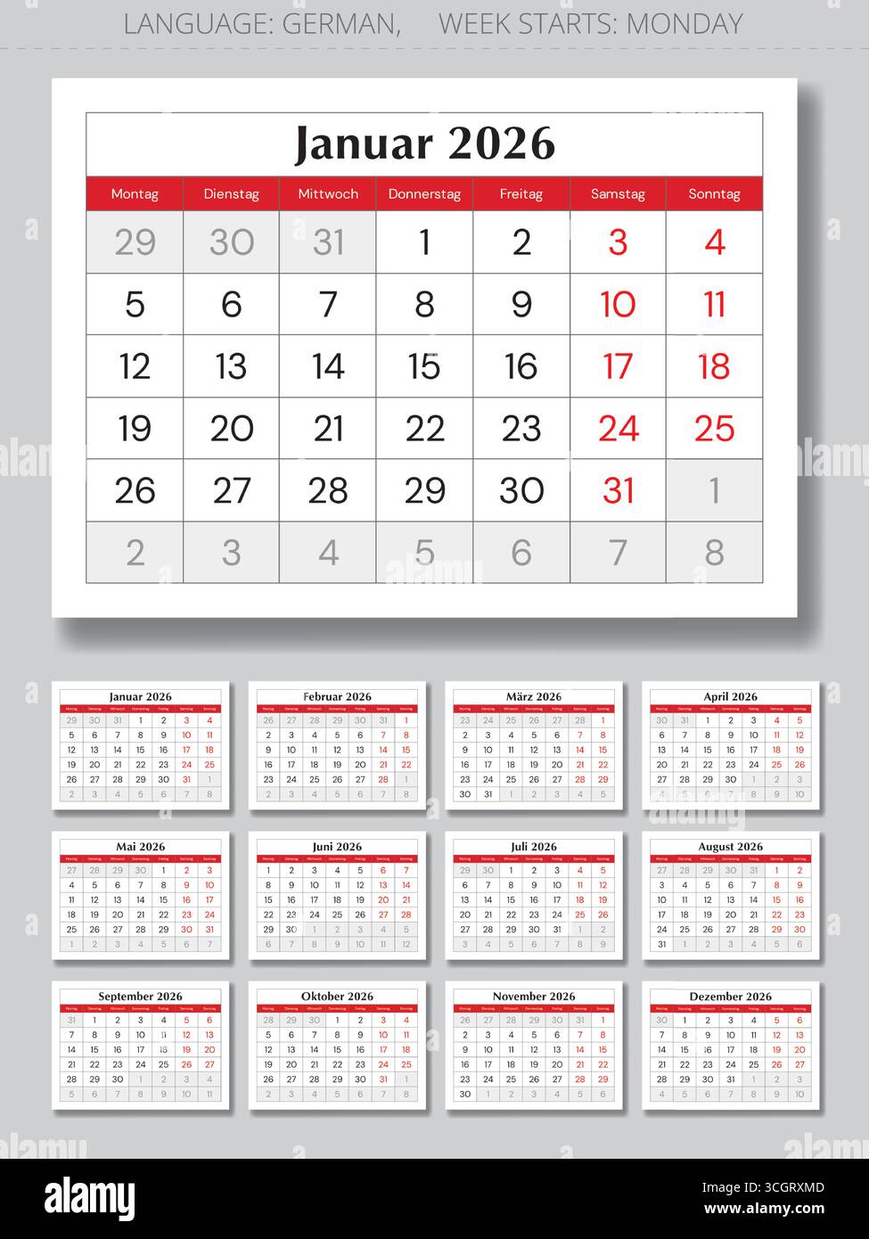 2026 german calendar collection - Kalender. Vector illustration set of ...