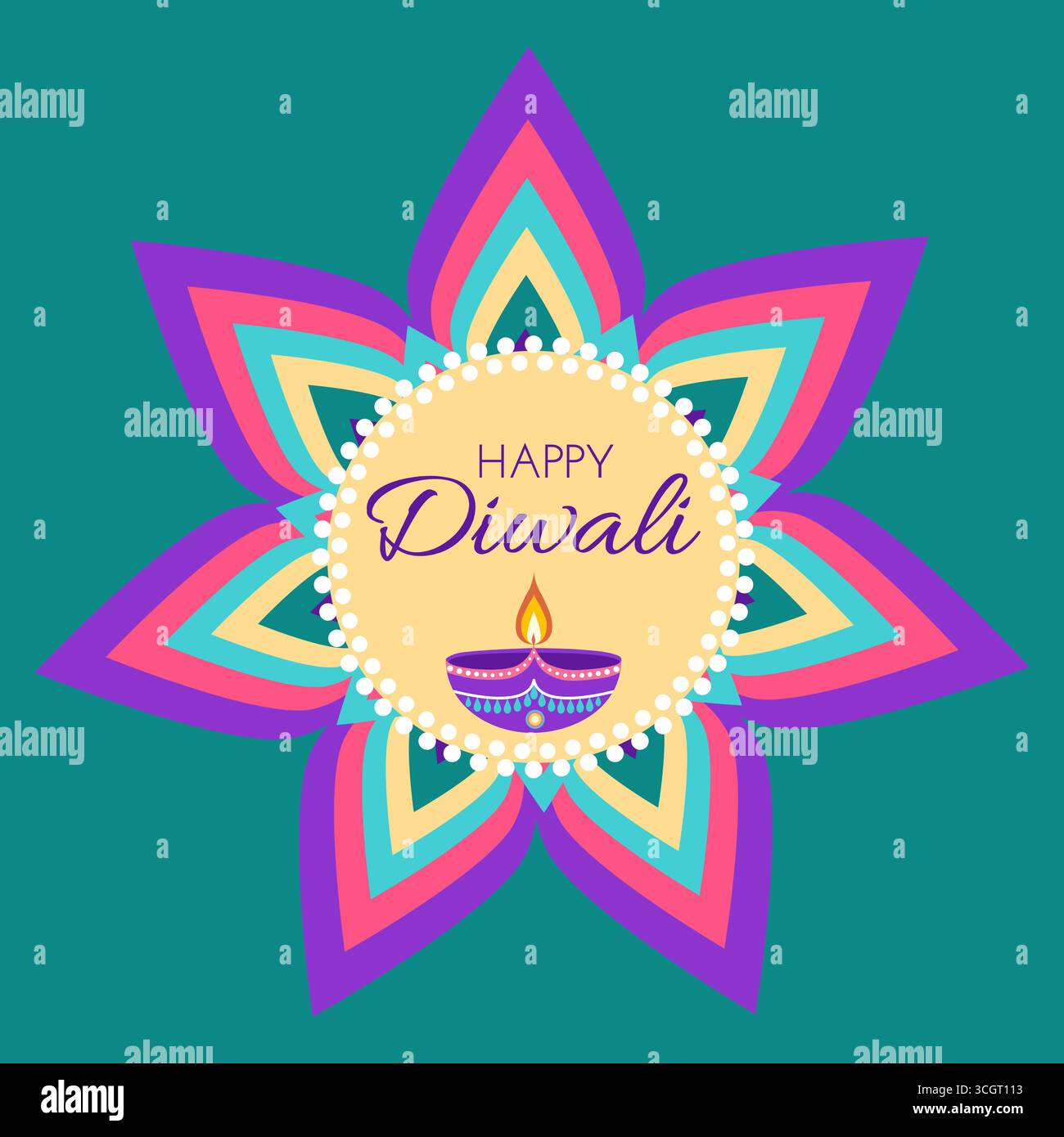 Diwali celebration card with rangoli and lamp diya in flat style ...