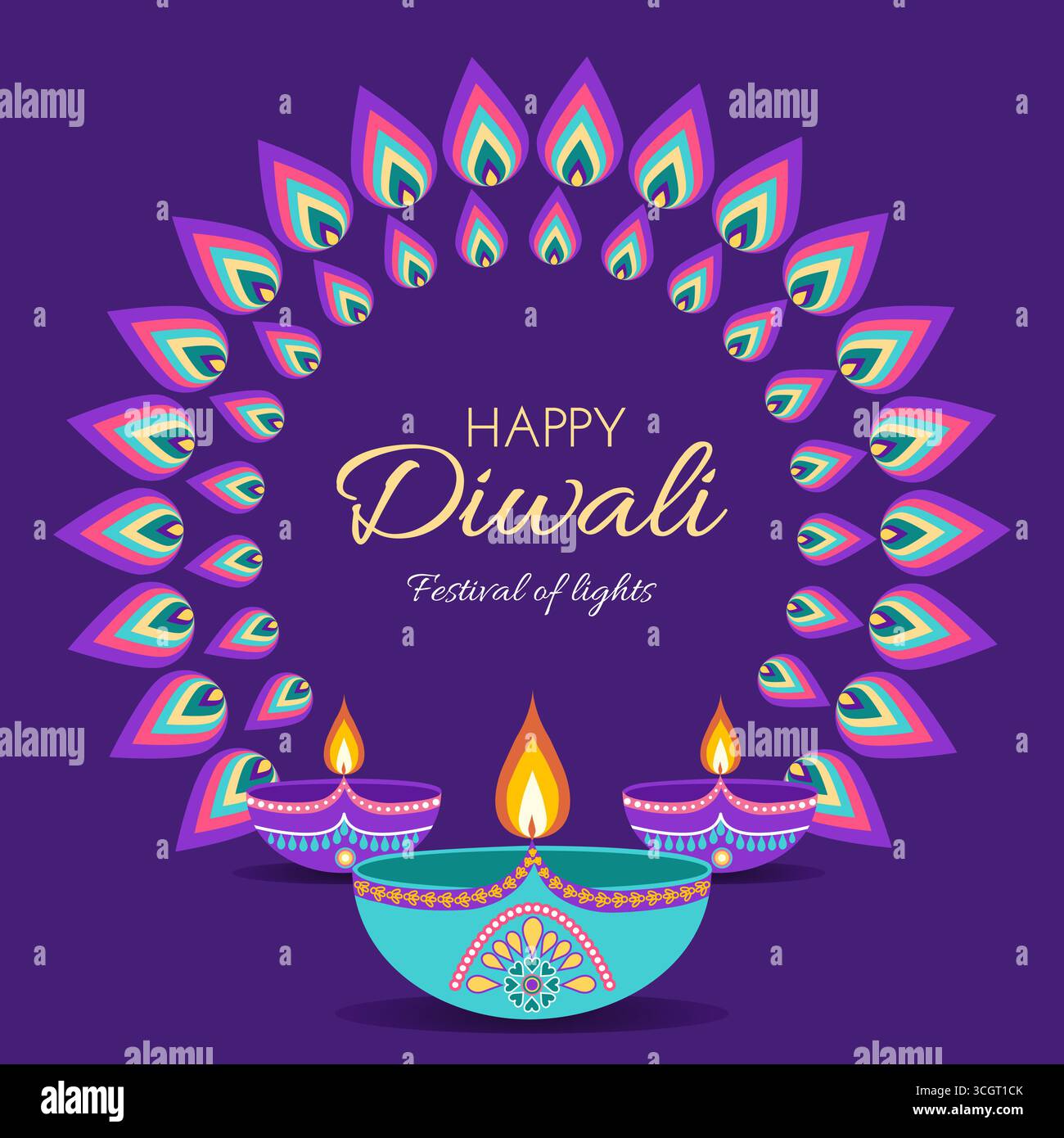 Diwali celebration card with rangoli and lamps diyas in flat style ...