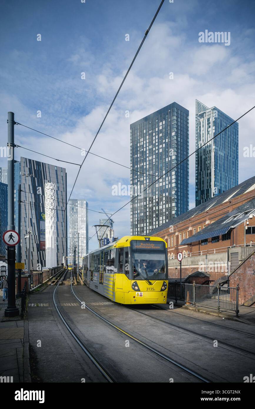 Bee Network Metrolink Trams in Manchester City Centre with Deansgate ...
