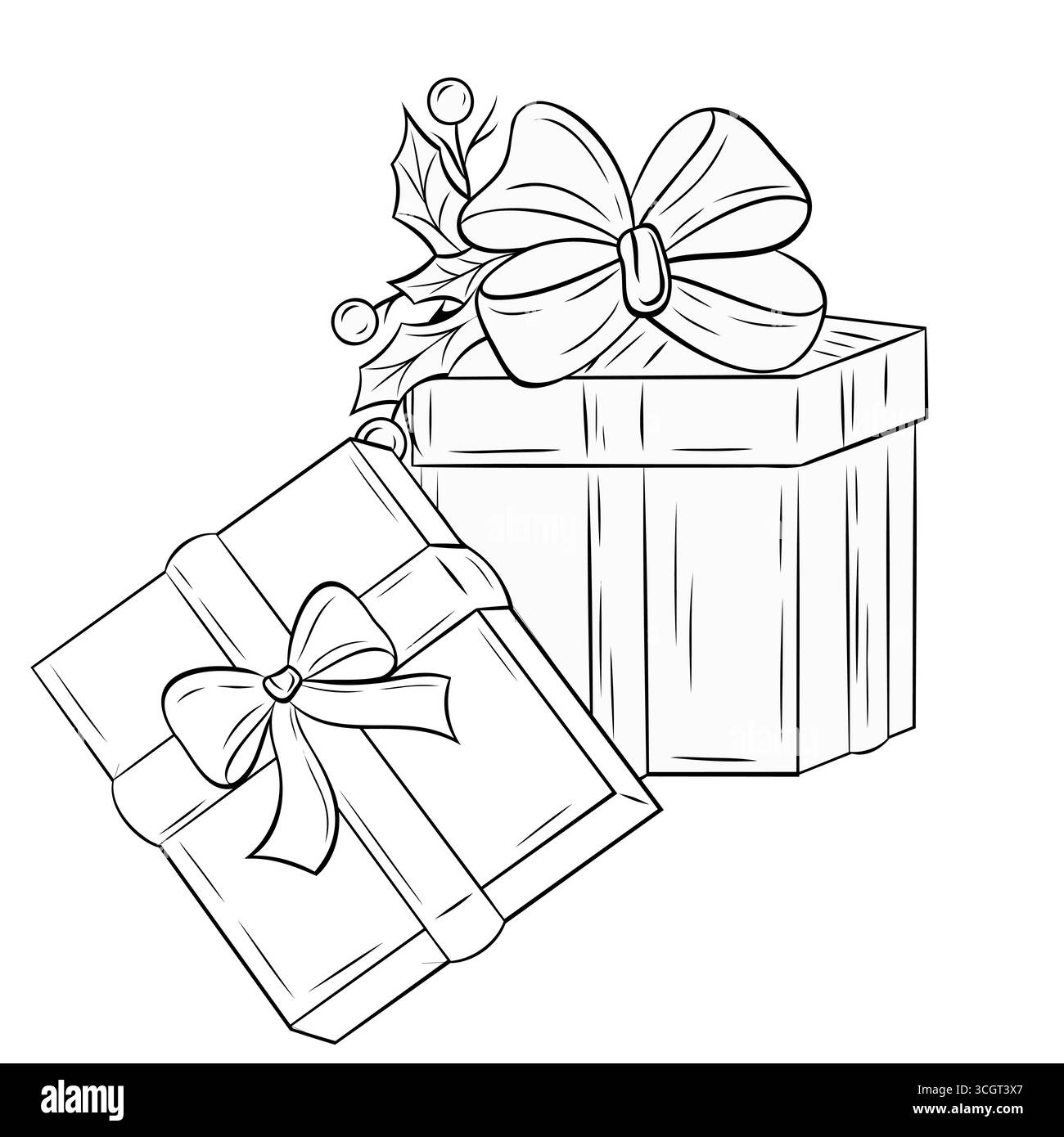 Graphic gift boxes with ribbons. Graphic line art ink black and white ...