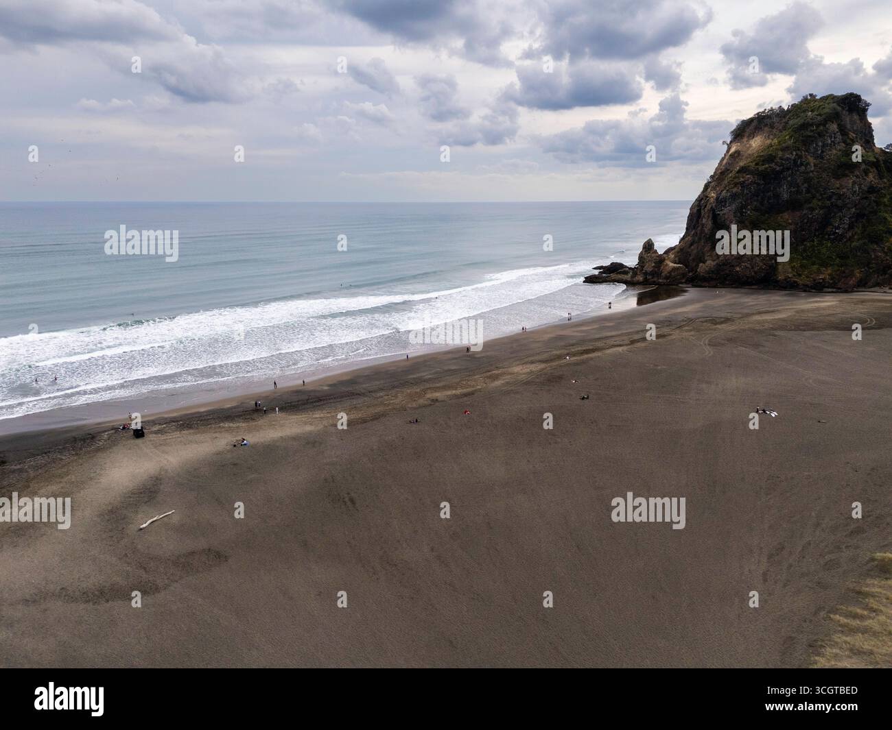Aerial photograph of Piha Beach on an overcast day, Piha, New Zealand ...