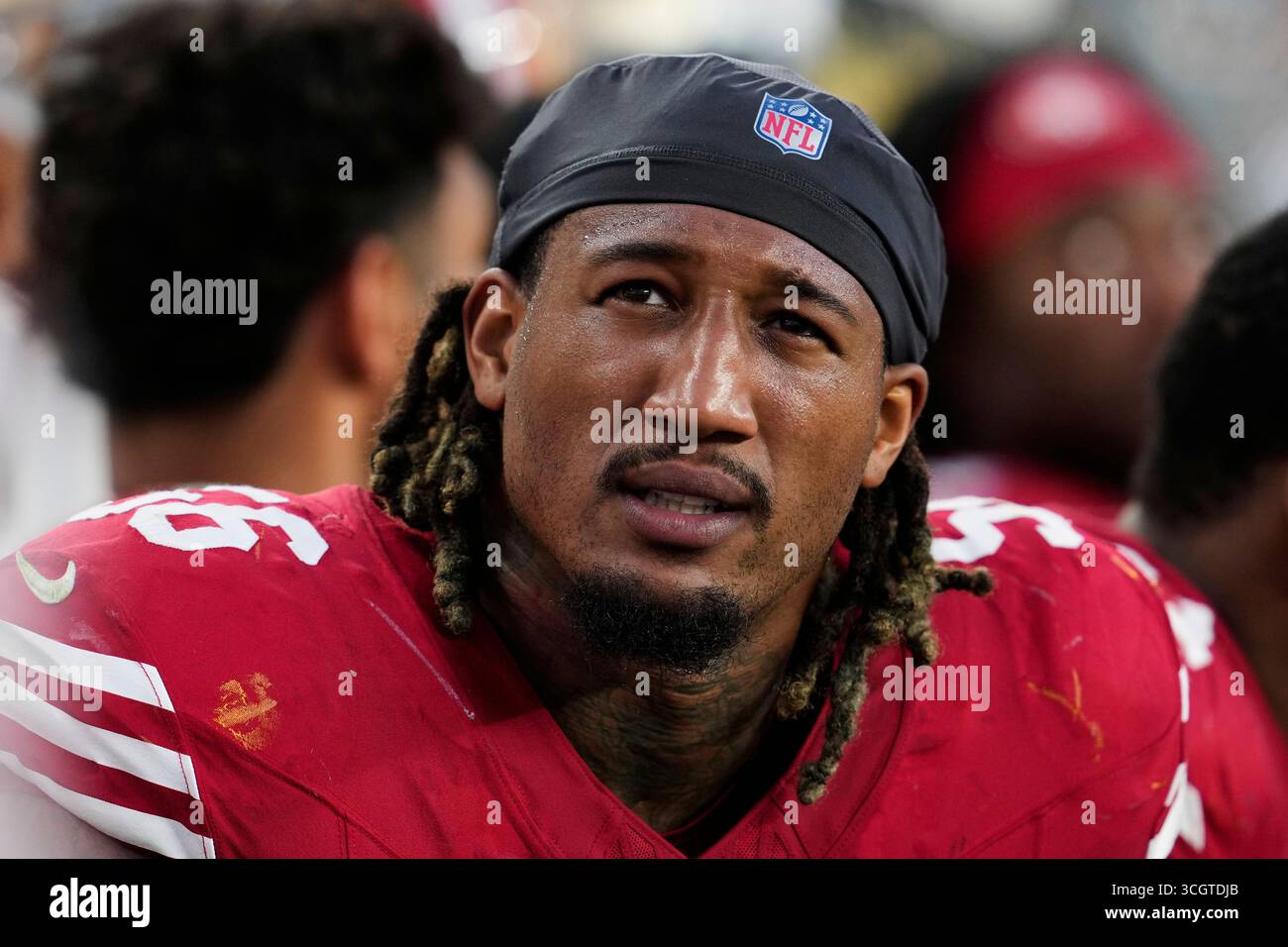 San Francisco 49ers linebacker Trevis Gipson sits on the bench during ...