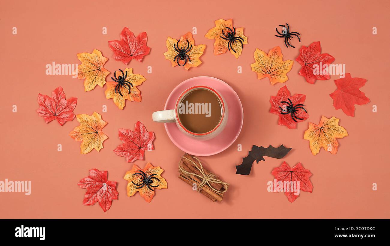 Autumn composition flat lay on seasonal background with maple leaves ...