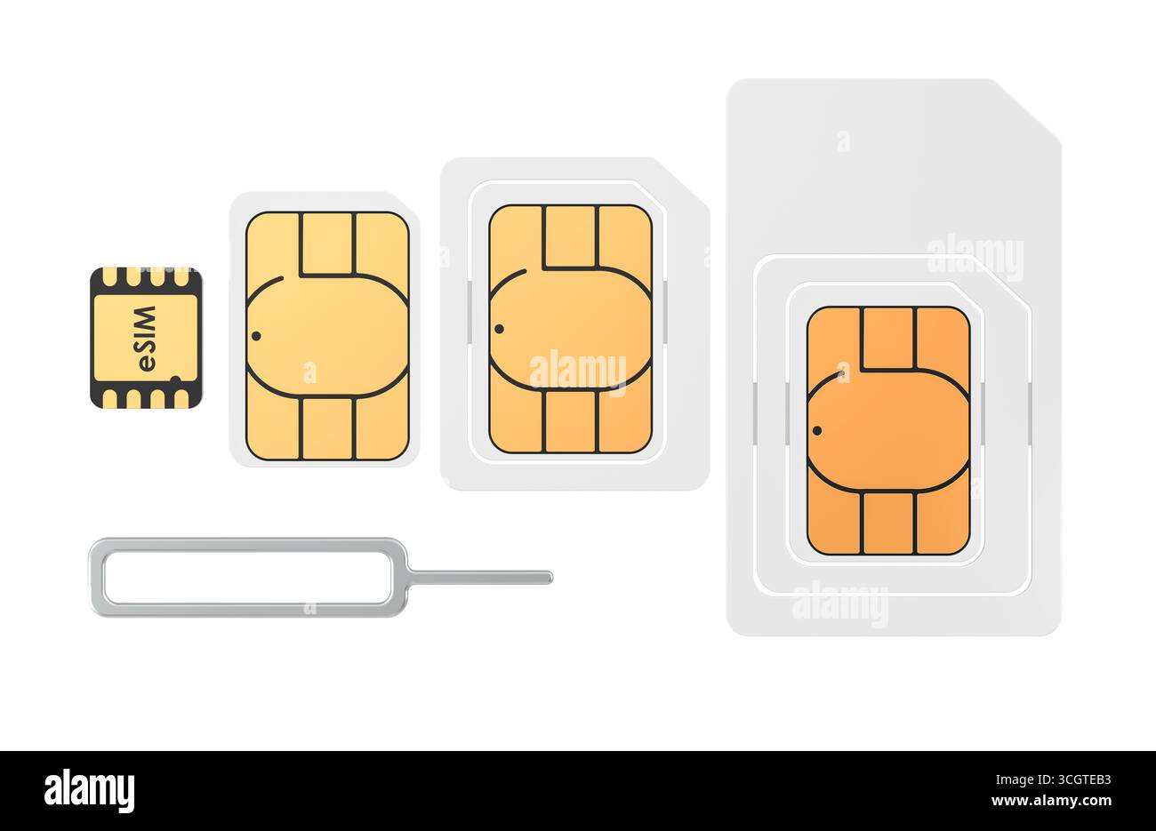 Sim card types and eSIM with ejector tool. 3D rendering isolated on ...