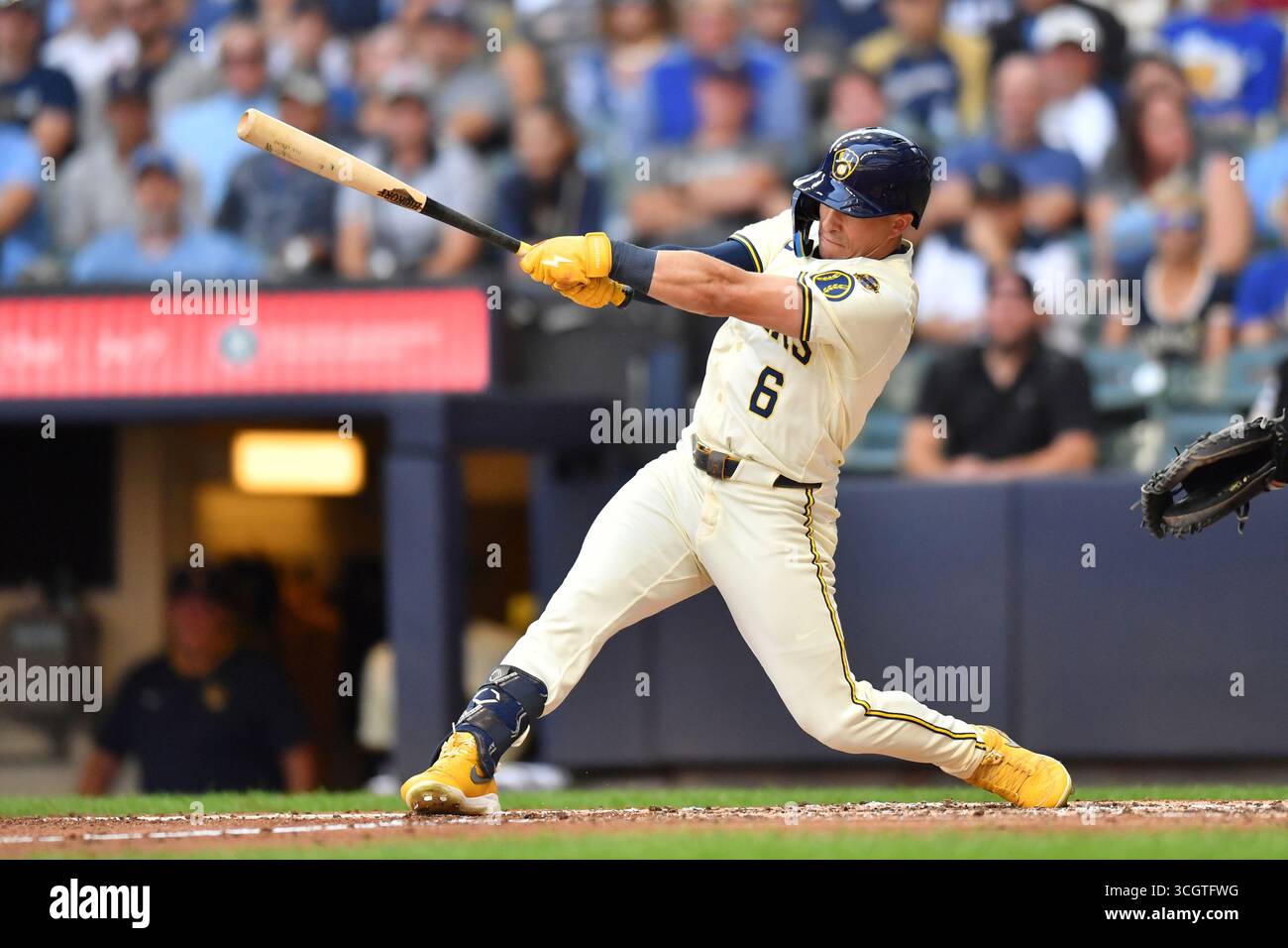 MILWAUKEE, WI - AUGUST 28: Isaac Collins #6 of the Milwaukee Brewers ...
