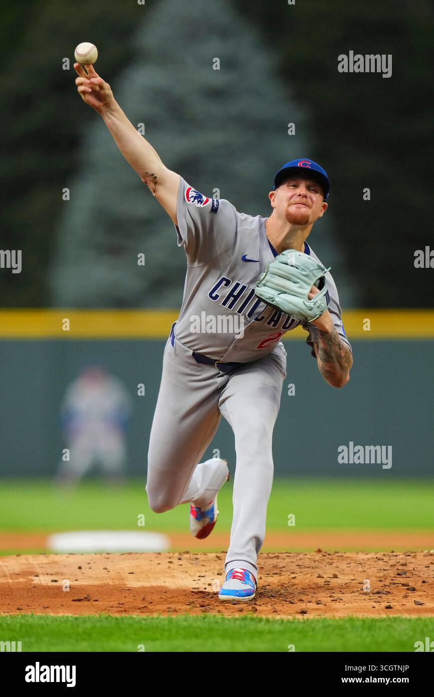 Chicago Cubs starting pitcher Cade Horton throws to the plate against ...