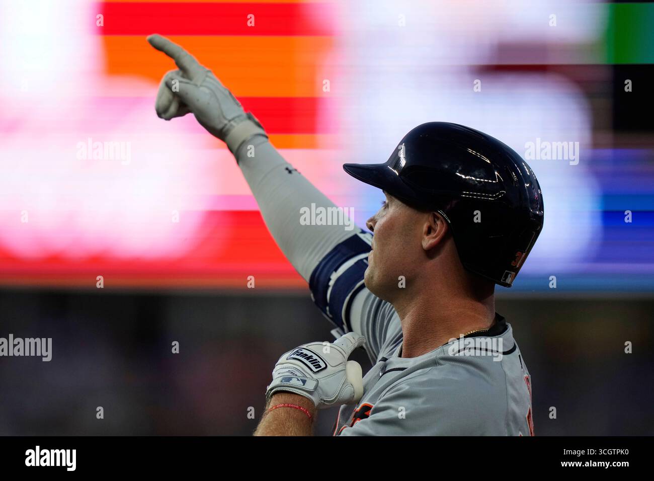 Detroit Tigers' Kerry Carpenter celebrates on first after hitting a two ...