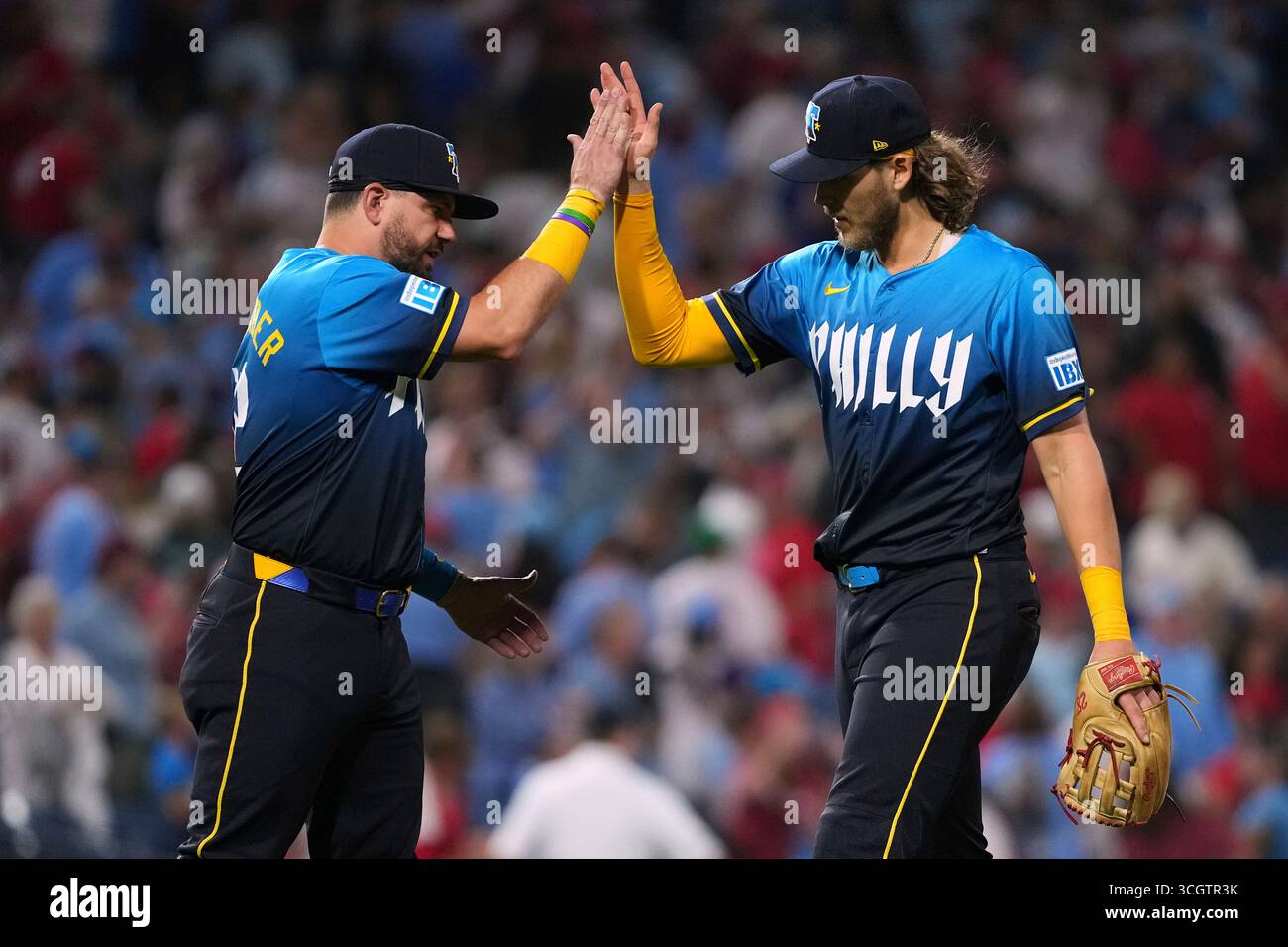 Philadelphia Phillies' Kyle Schwarber, left, and Alec Bohm celebrate ...