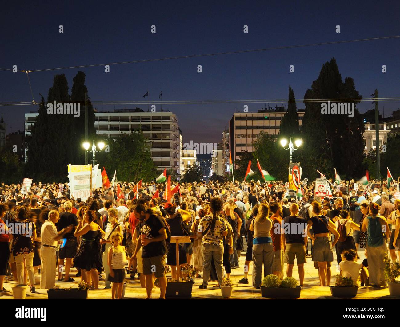 Athens, Greece - August 10 2025: Massive nighttime protest with crowds ...