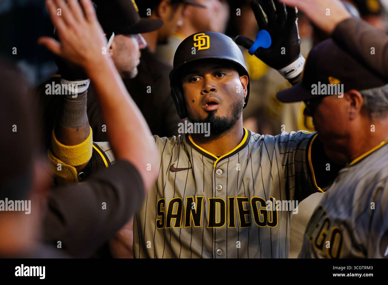 San Diego Padres' Luis Arraez celebrates his sacrifice fly against the ...