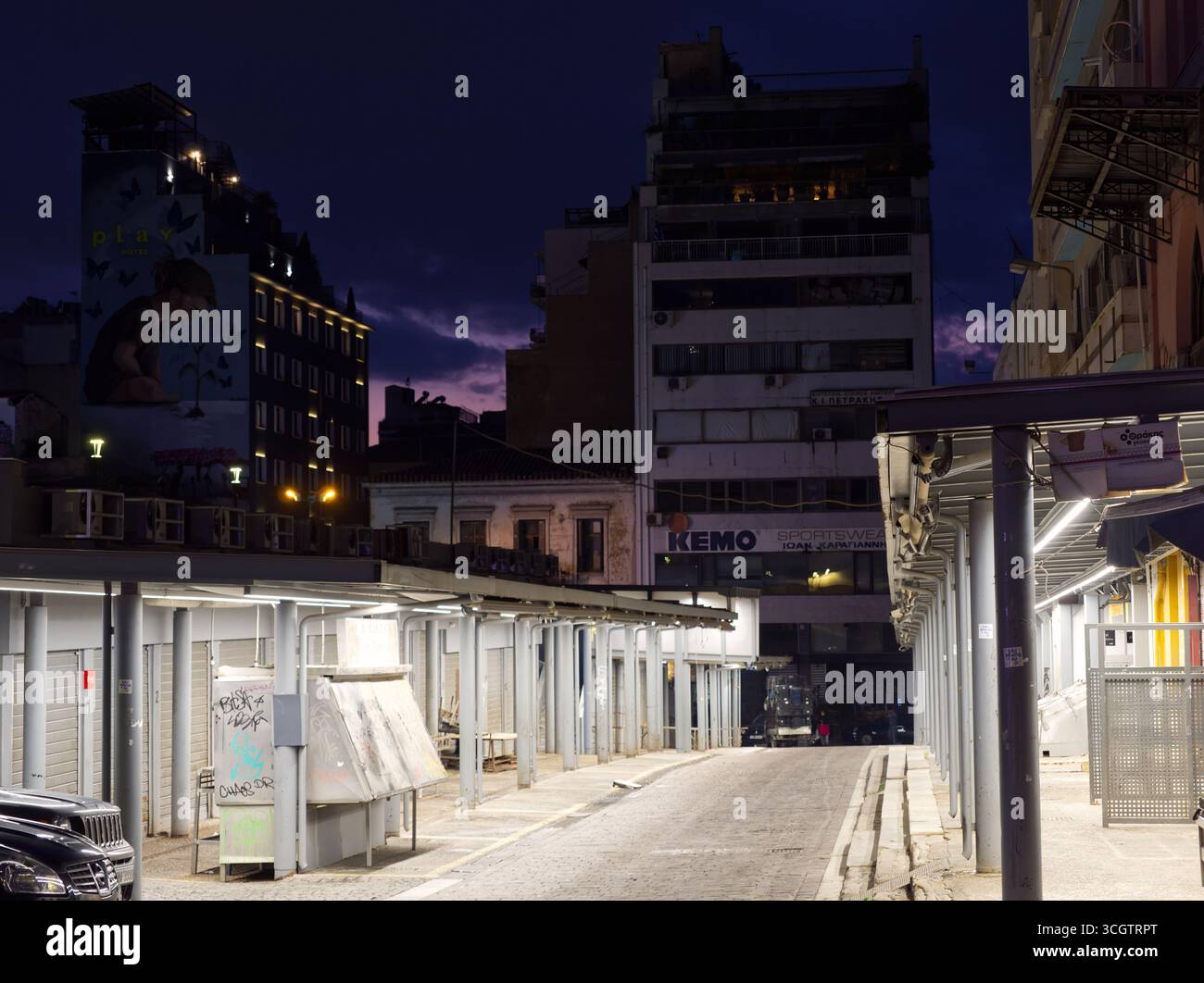 Athens, Greece - April 5, 2025: Illuminated empty Varvakios Central ...