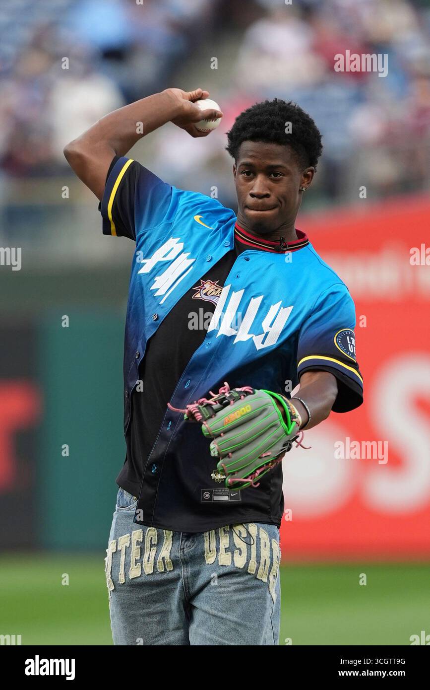 Philadelphia 76ers' V. J. Edgecombe throws out a ceremonial pitch ...