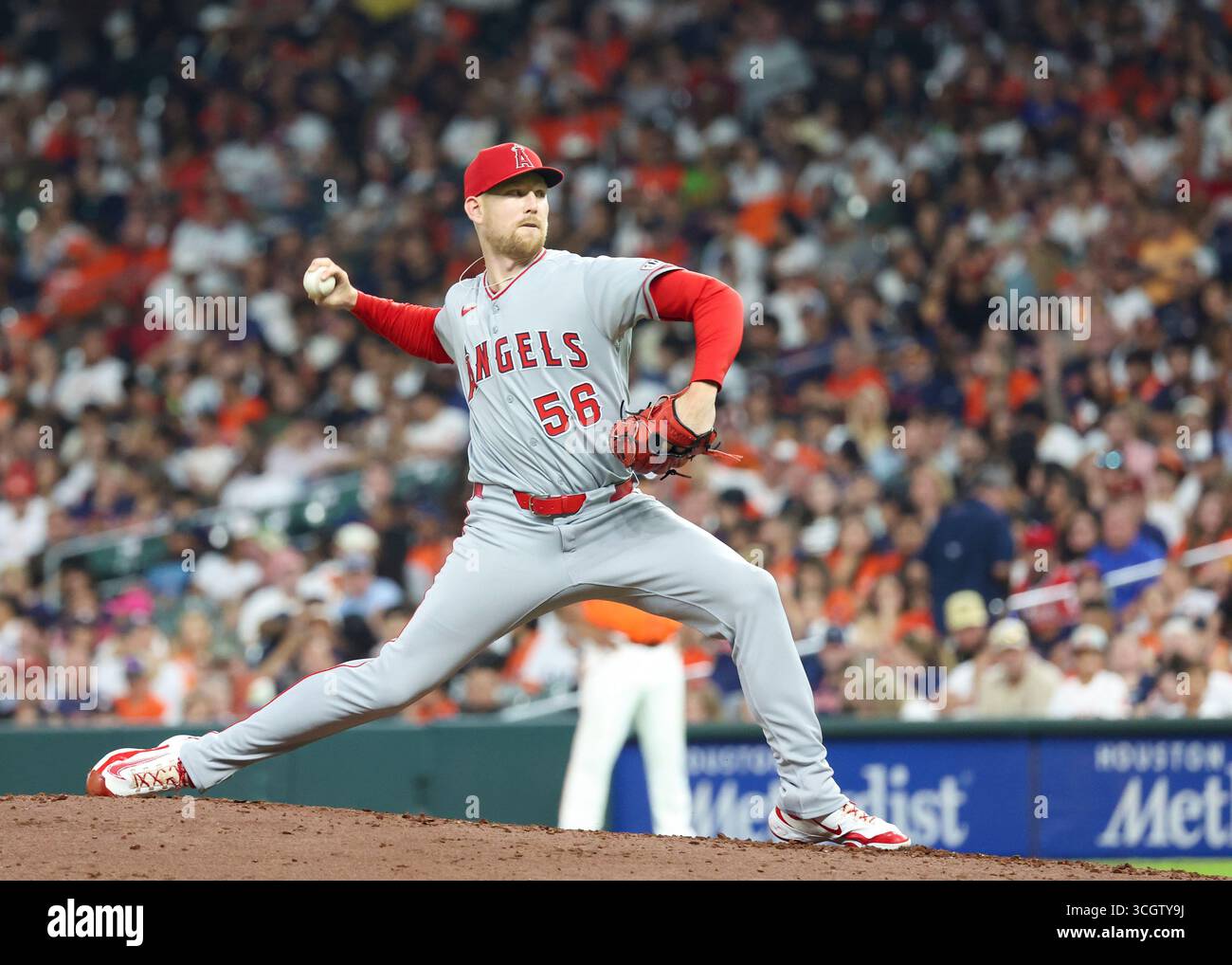 HOUSTON, TX - AUGUST 29: Los Angeles Angels relief pitcher Ryan Zeferjahn (56) throws a pitch in ...