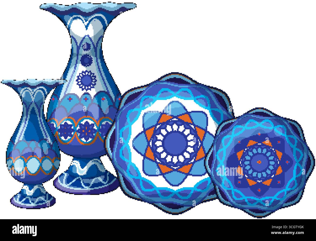 Ornate blue vases and plates with intricate geometric designs, vector ...