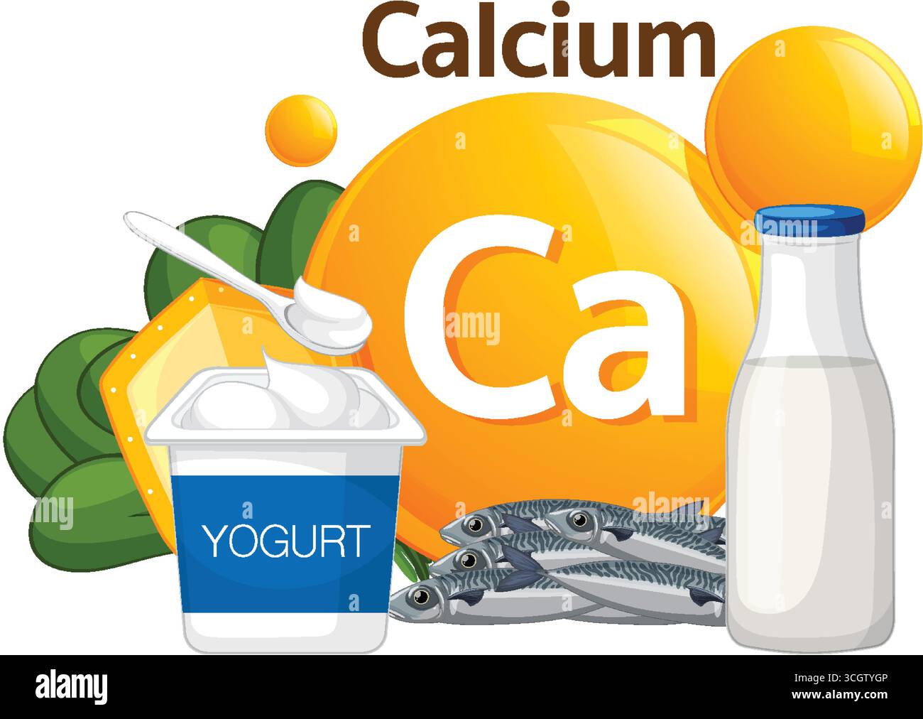 Flat vector illustration of calcium-rich foods: yogurt, milk, leafy ...