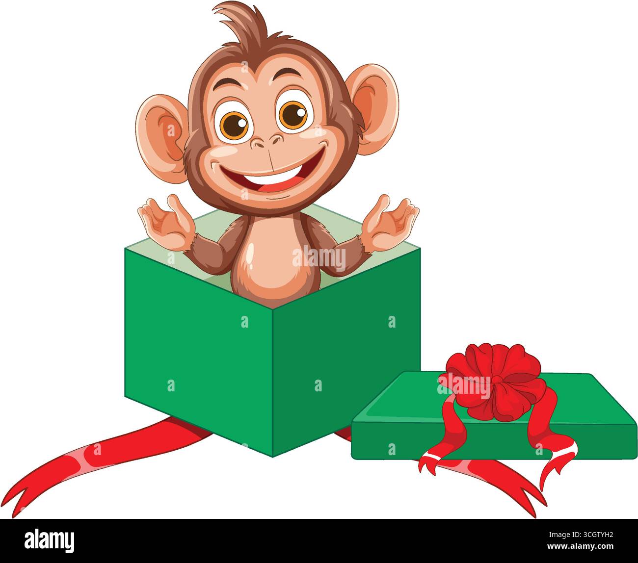 Cheerful cartoon monkey with big eyes smiles from green gift box with ...