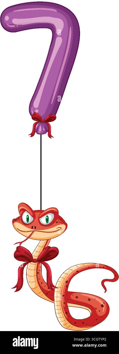 Colorful cartoon snake wrapped around a purple number seven balloon ...