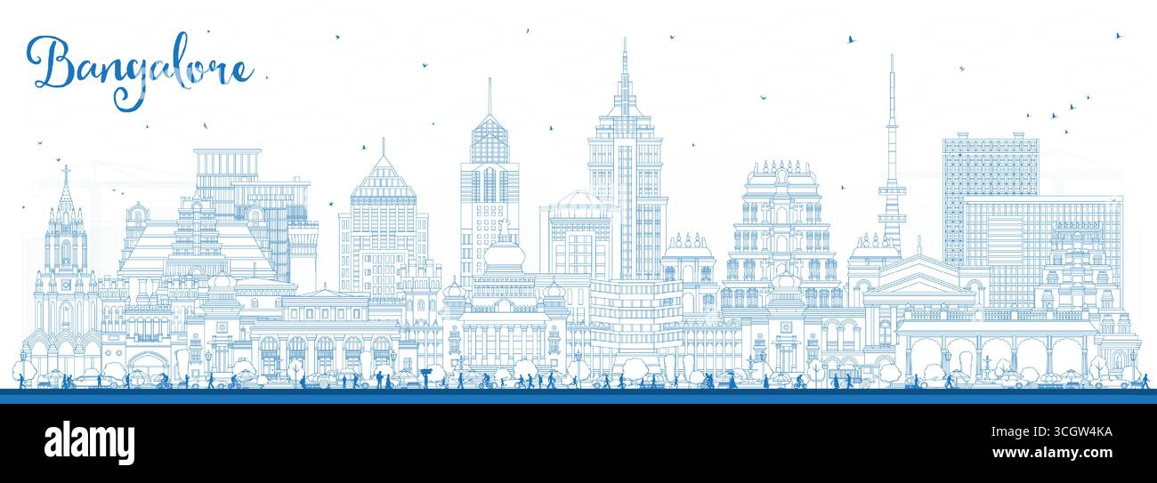 Outline Bangalore India city skyline with blue buildings. Vector ...