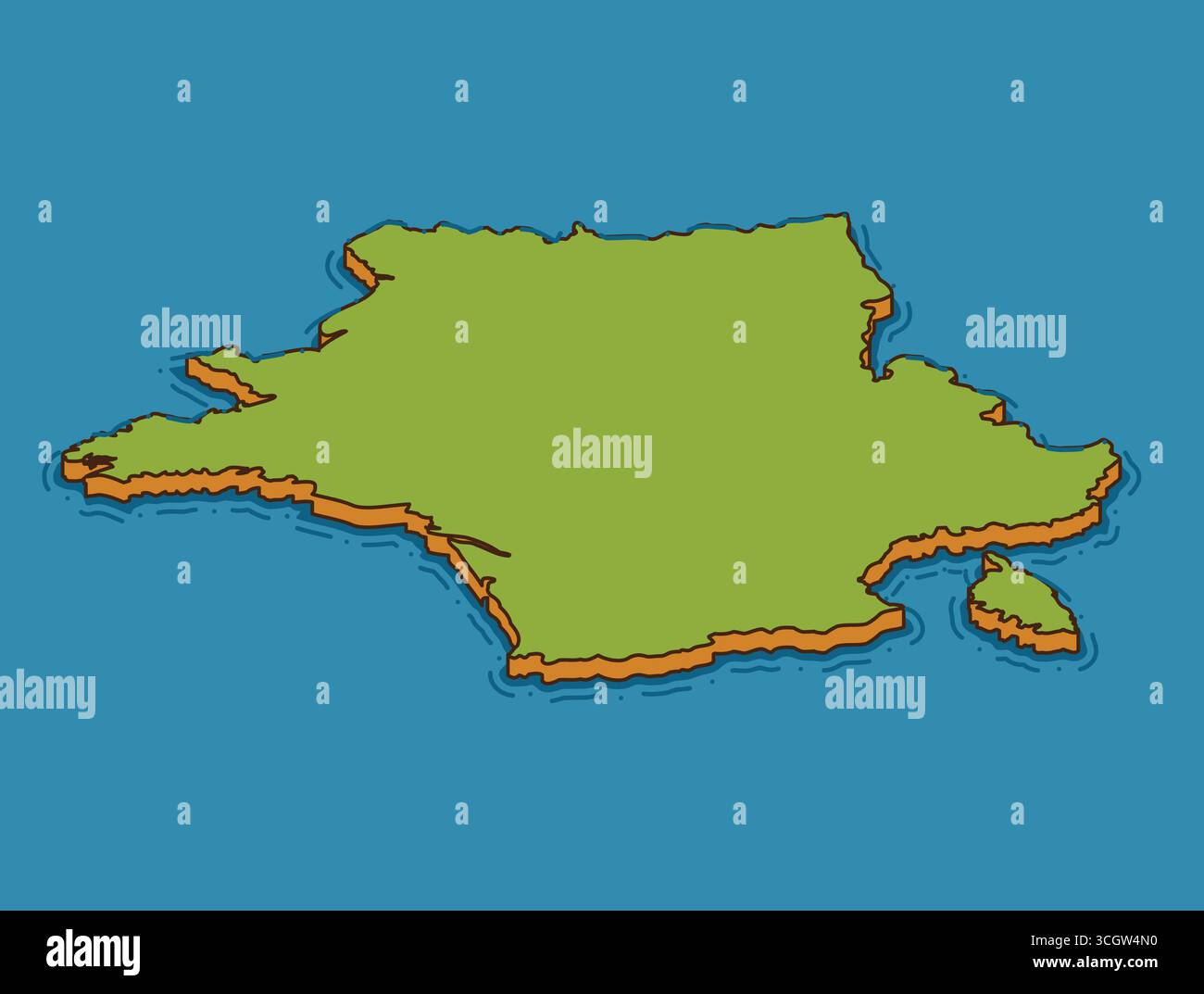 Isometric map of France. Green land with island surrounded by blue sea ...