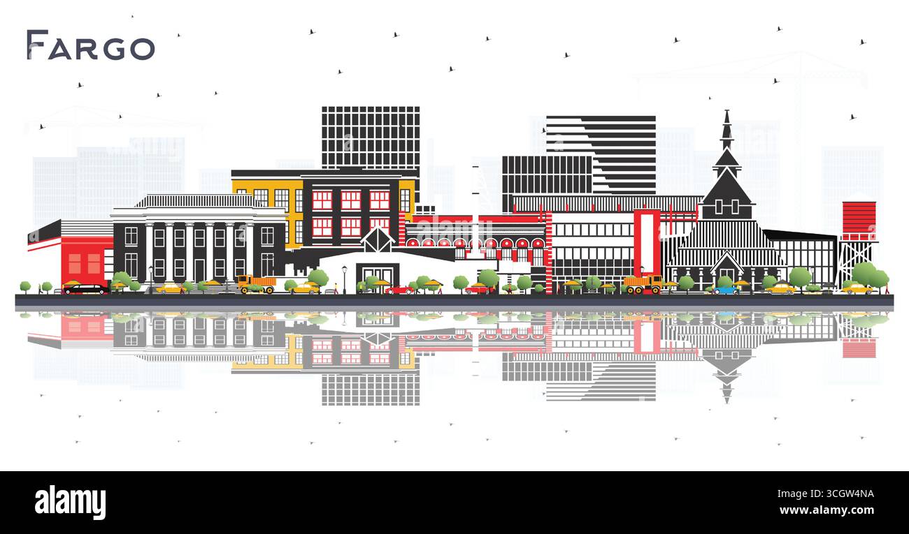 Fargo North Dakota City Skyline with Color Buildings and reflections ...