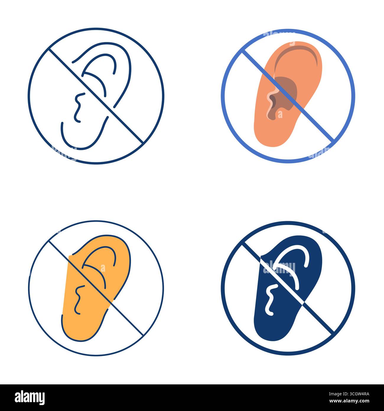 Hearing impairment flat and line icon set. Ear crossed-out, deafness ...