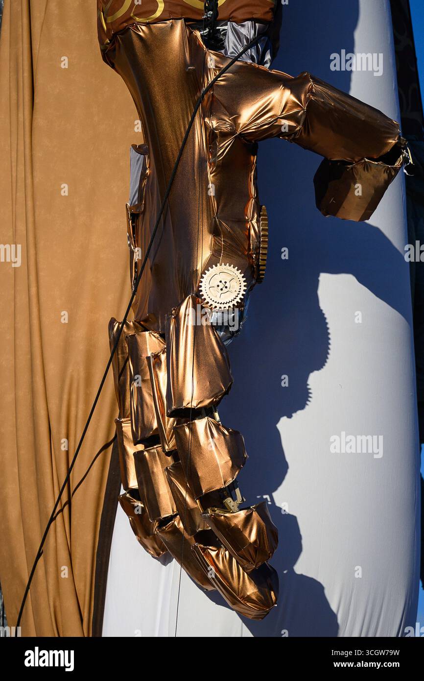 A detailed view of the mechanical hand of Zozobra, a 50-foot-tall ...