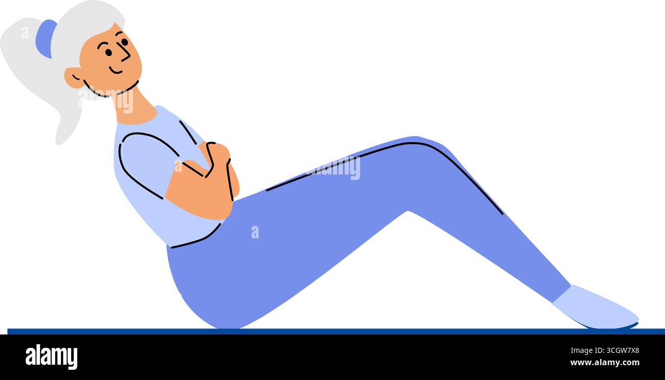 Elderly caucasian female doing sit-ups on a mat, exercising abdominal ...