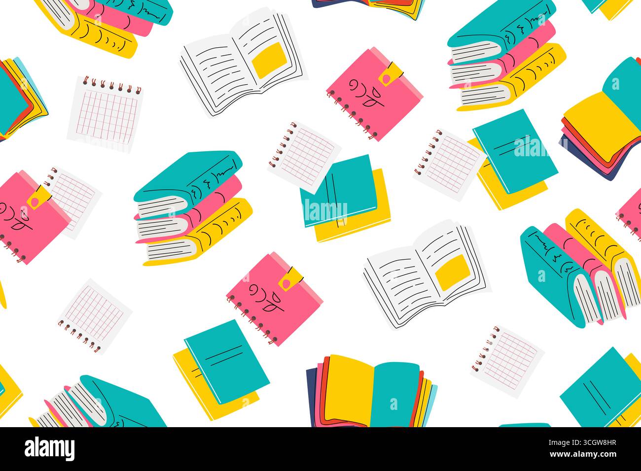 Colorful pattern of books and notebooks on white background Stock ...