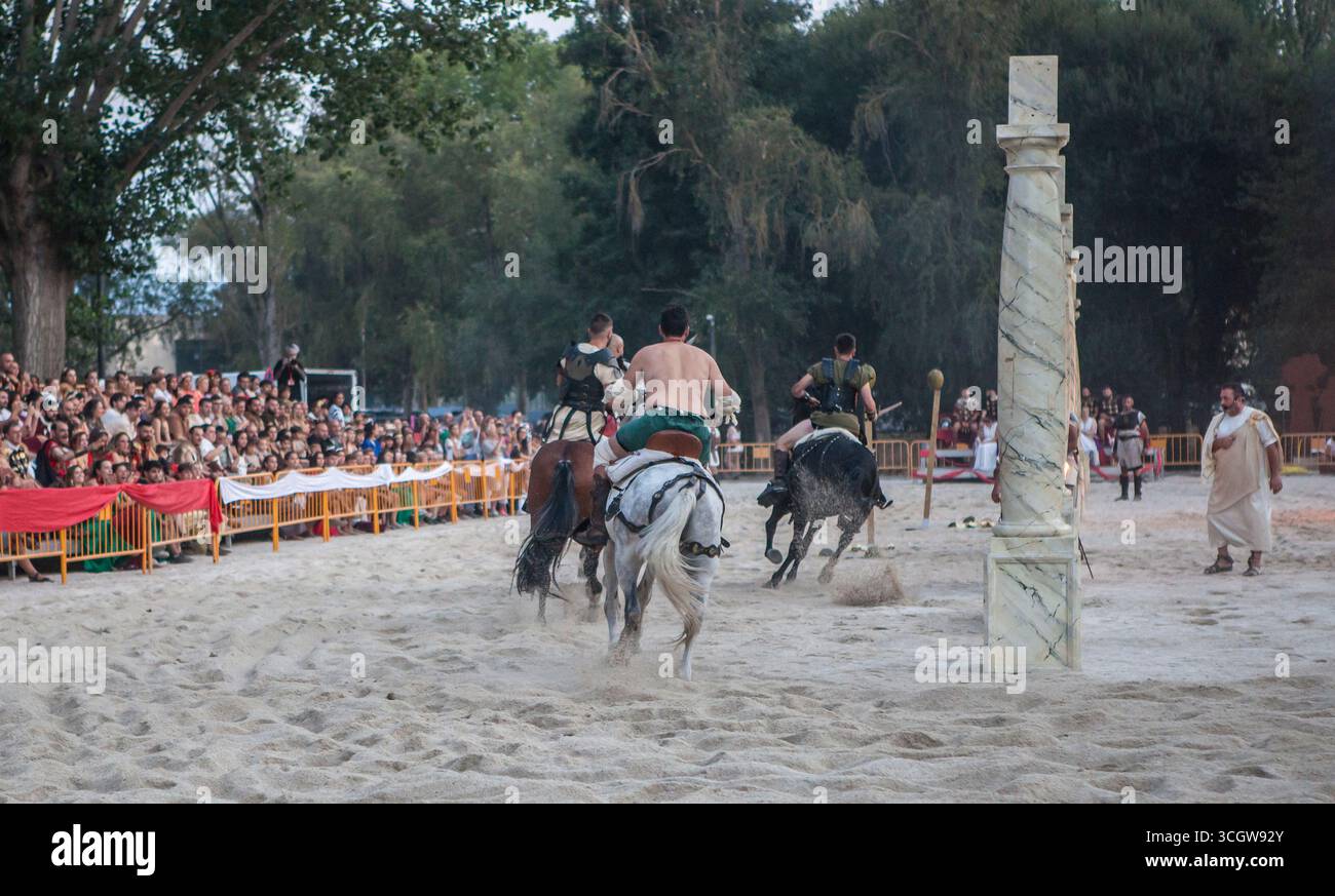 Xinzo, Spain - August, 25th, 2025: Gladiators riding horses at Oblivion ...