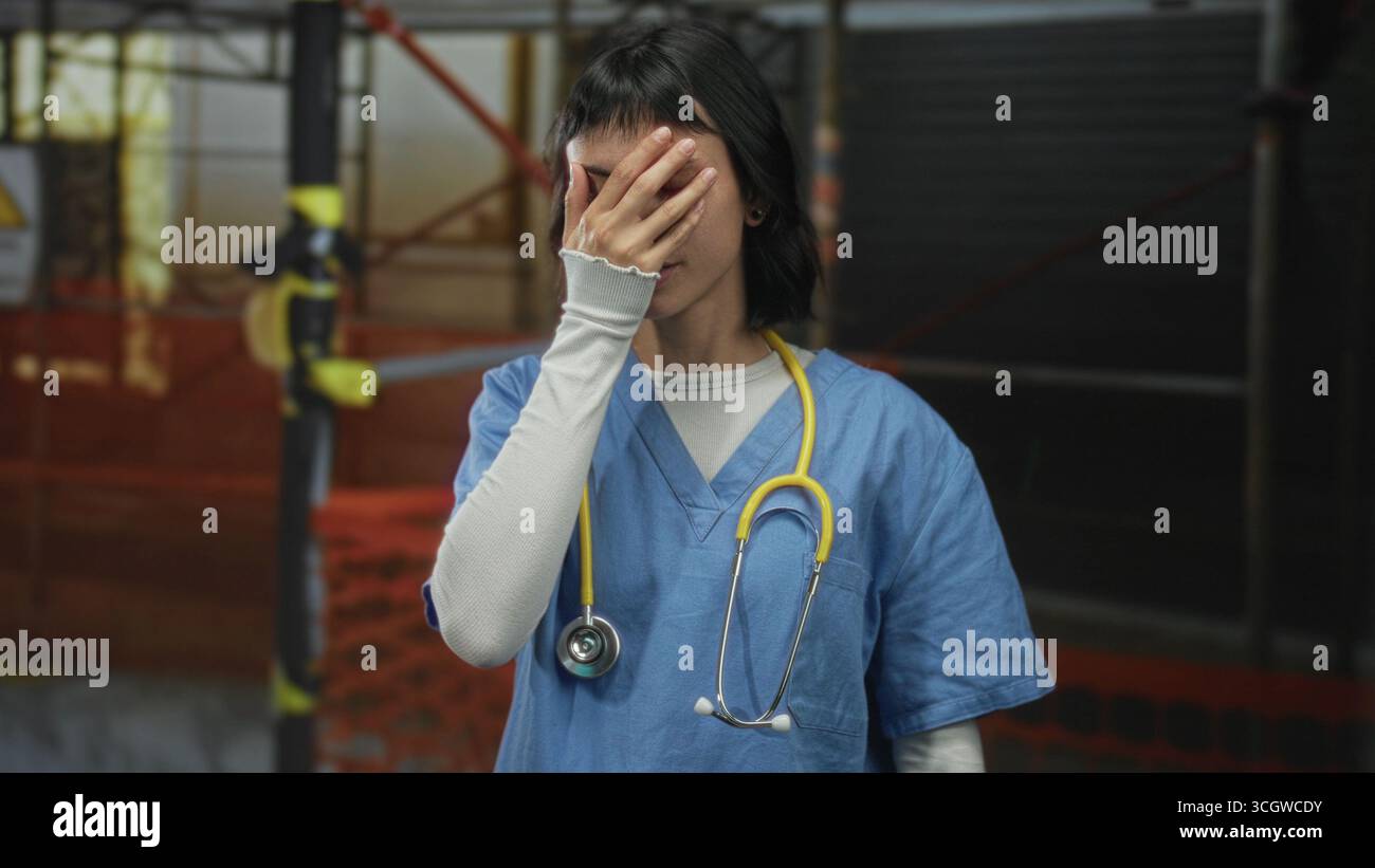 Woman nurse in blue scrubs with yellow stethoscope holds palm up at ...