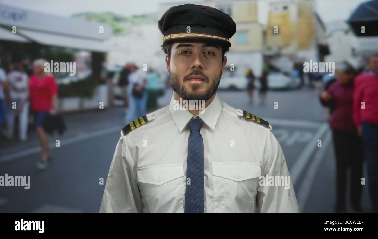 Young man wearing captain uniform with cap on city street with blurred ...
