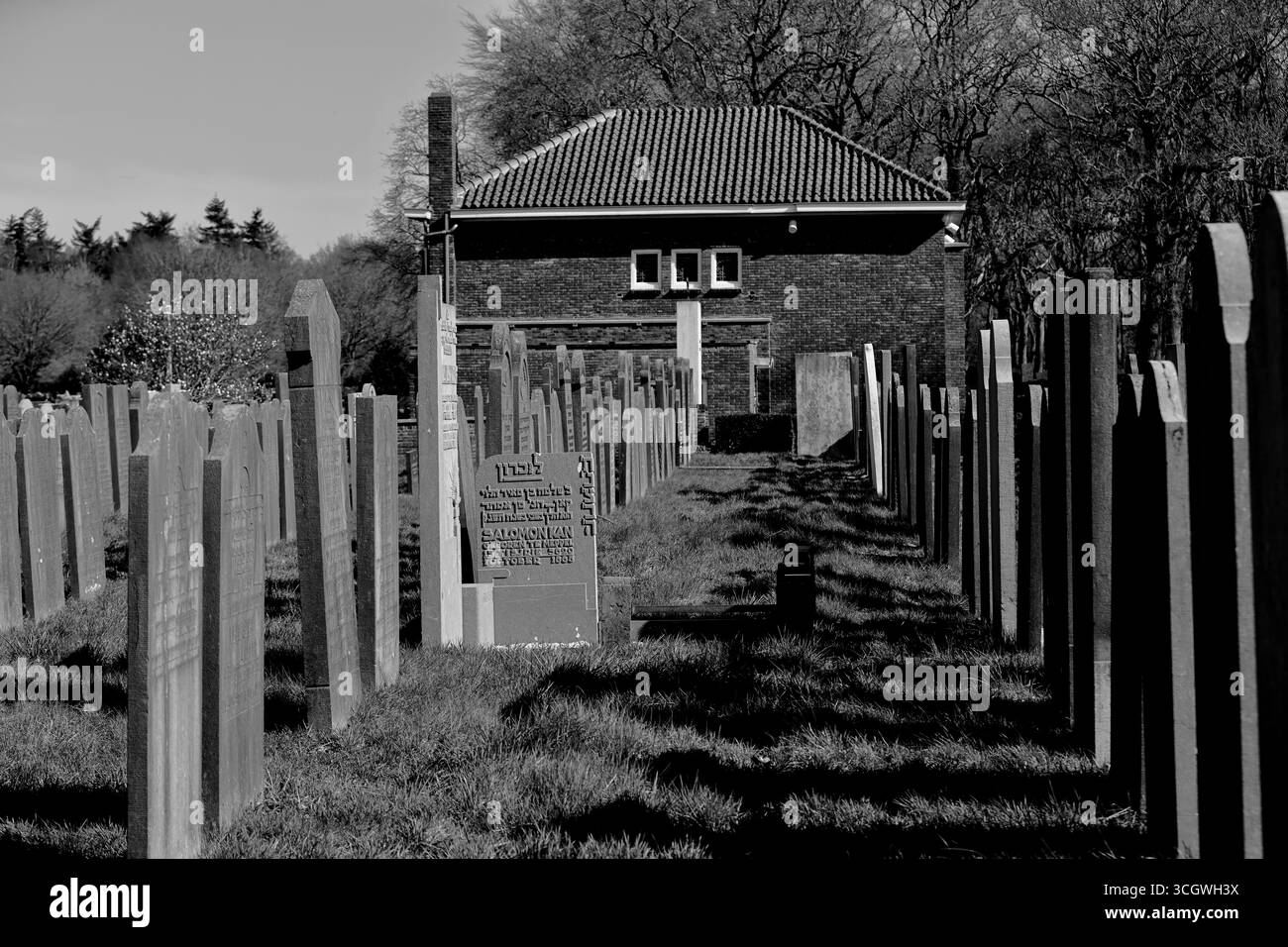 Aisle of headstones facing a small brick building at Joodse ...