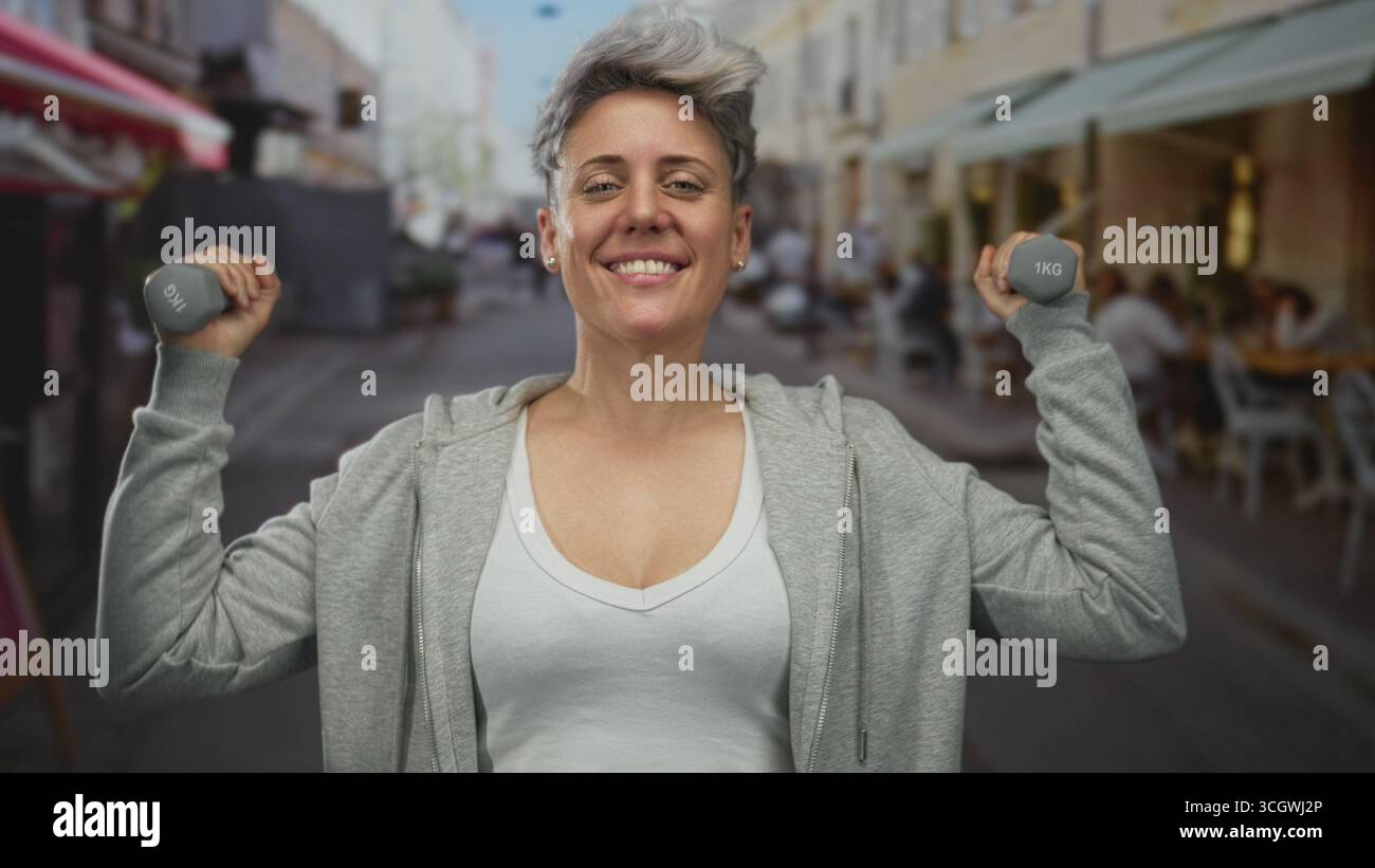 Woman lifting dumbbell overhead with raised arms on terrace showing ...
