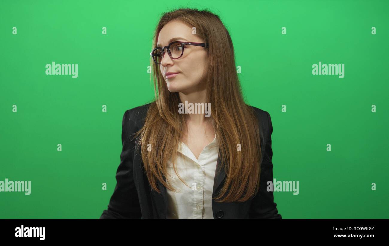 Woman shrugs hands in green studio while tilting her head and closing ...