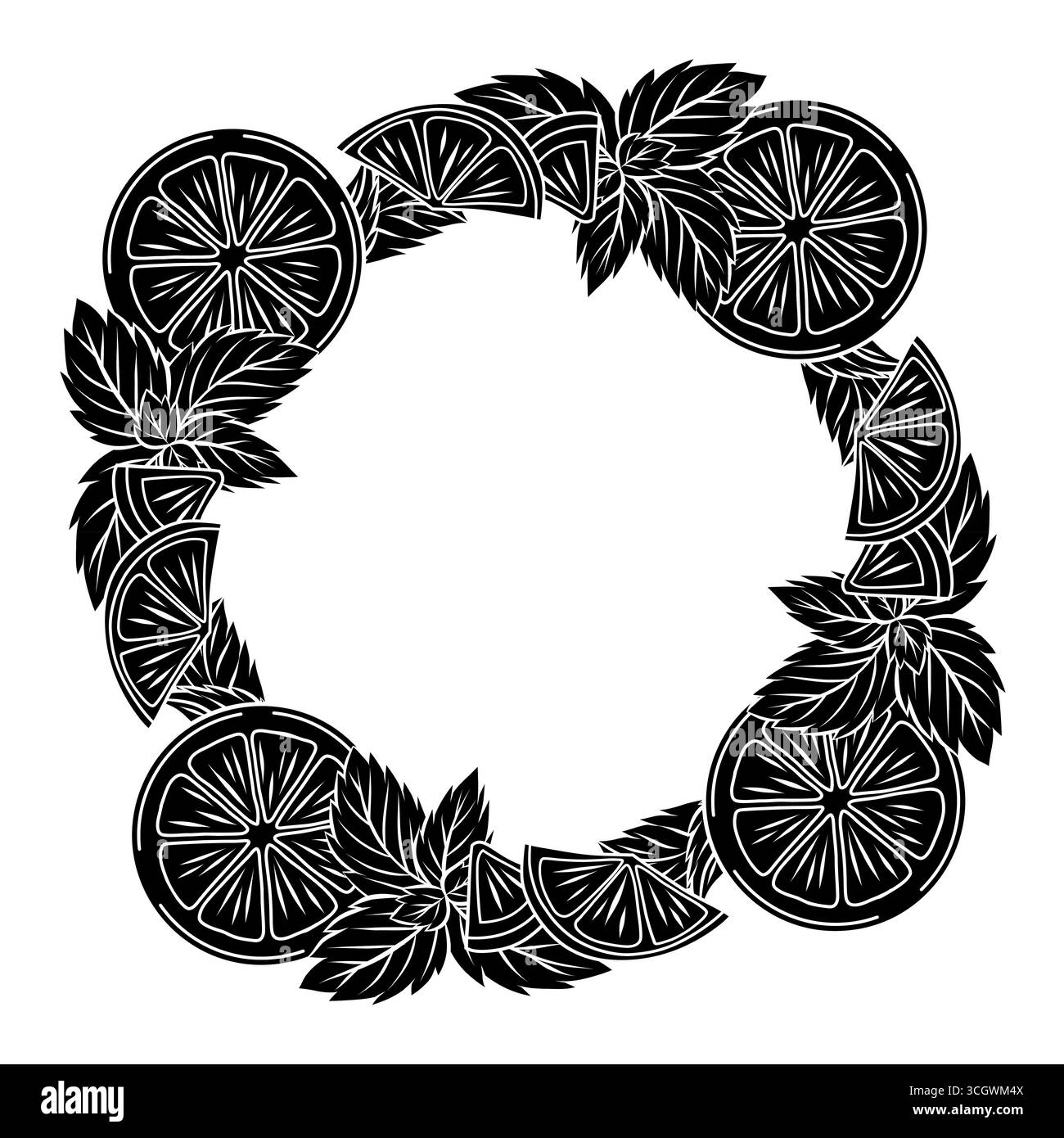 Vector monochrome circle frame with doodle mint leaves, orange slices ...