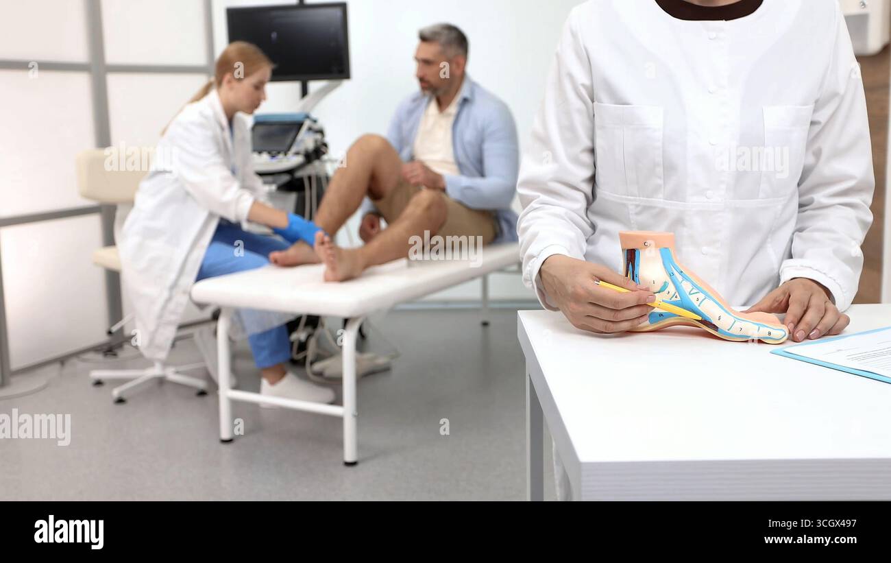 Ultrasonic of ankle joint. Sonographer checking patient ankle using ...