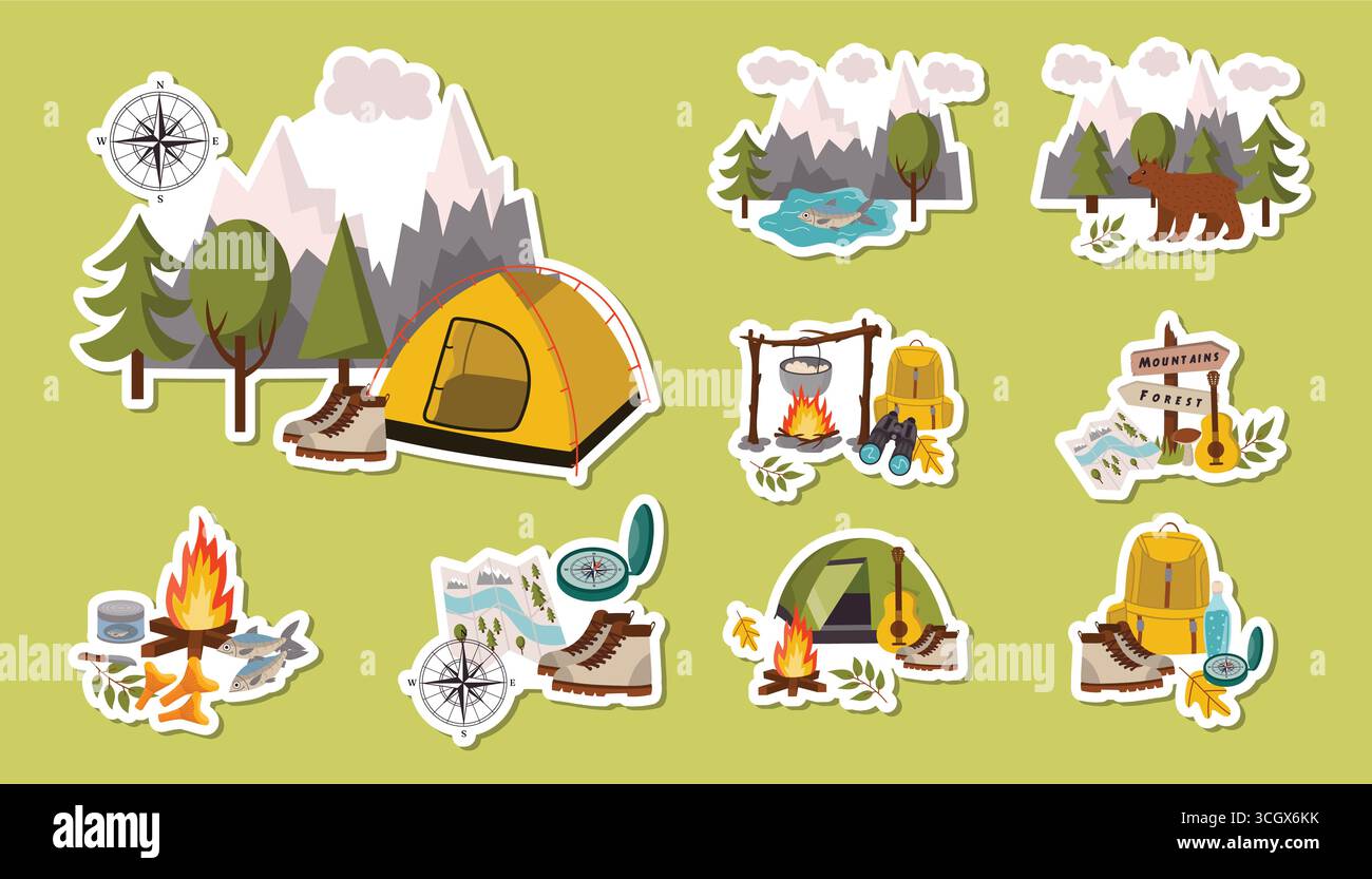 Set of camping compositions stickers with mountains, tent, tree ...