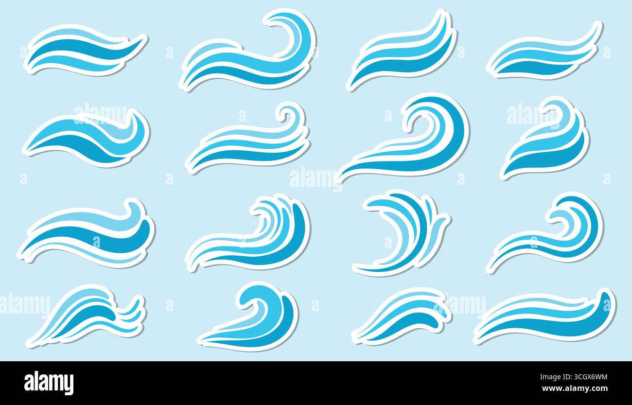 Collection of water wave stickers in flat cartoon style. Decorative ...