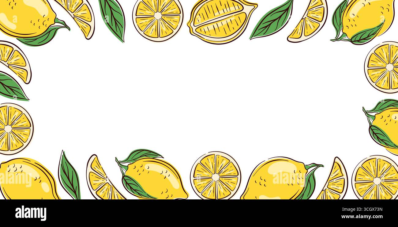 Fresh lemons with green leaves and sliced pieces forming a decorative ...
