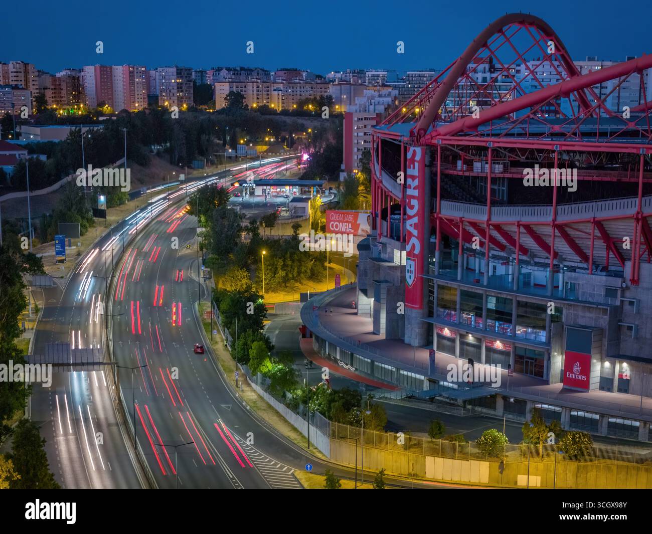 Aerial drone view of Benfica Lisbon soccer stadium called Estadio da ...