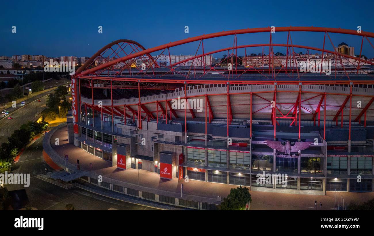 Aerial drone view of Benfica Lisbon soccer stadium called Estadio da ...