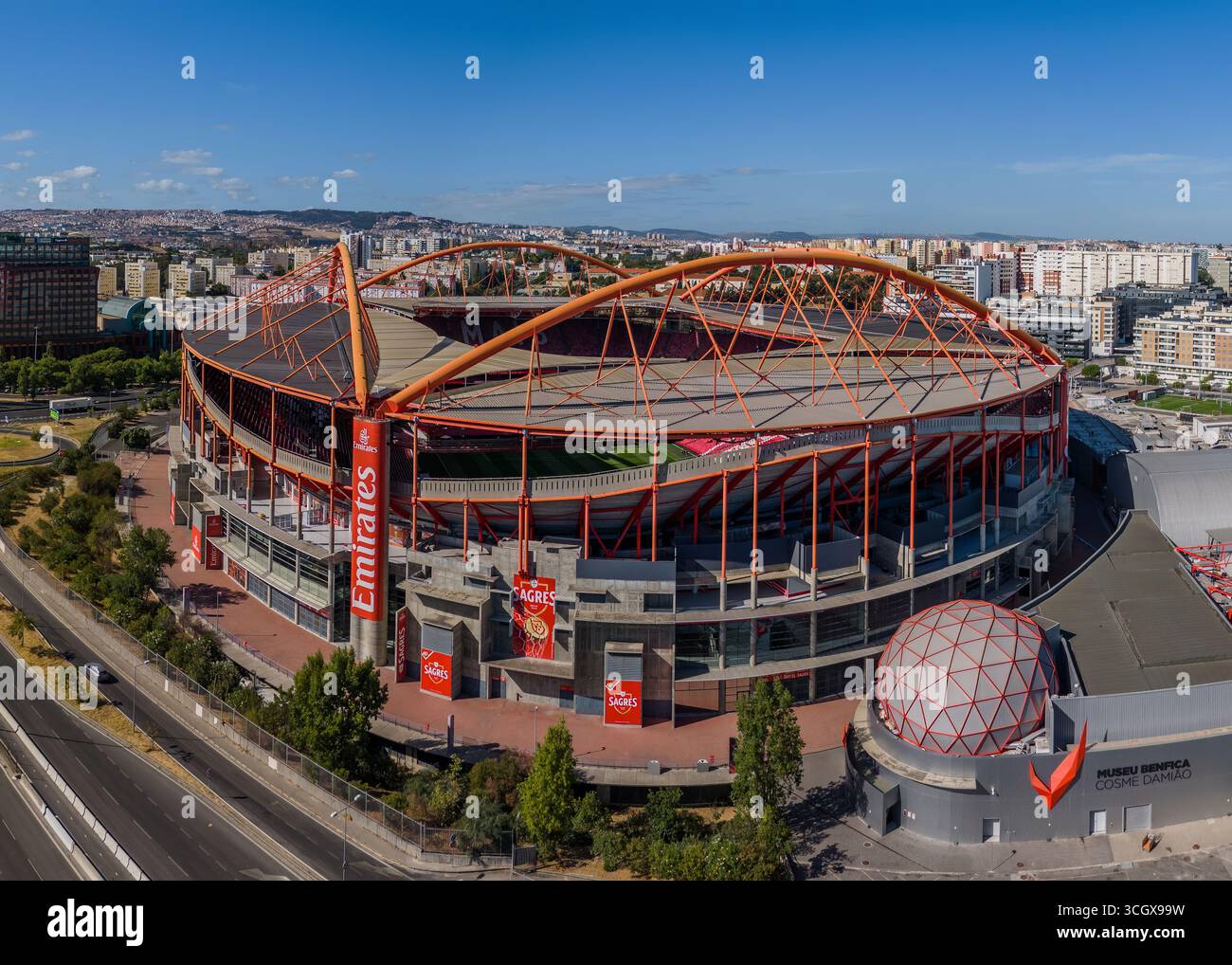 Aerial drone view of Benfica Lisbon soccer stadium called Estadio da ...