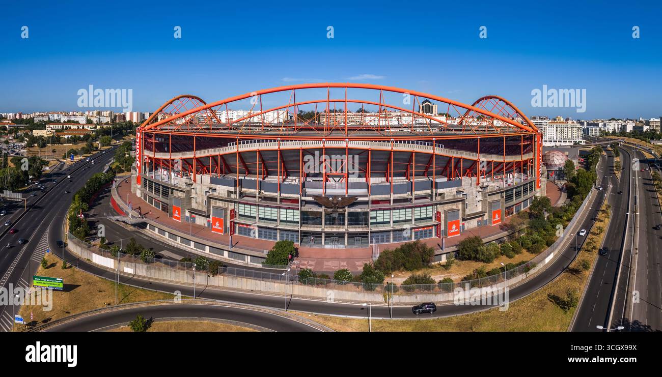 Aerial drone view of Benfica Lisbon soccer stadium called Estadio da ...
