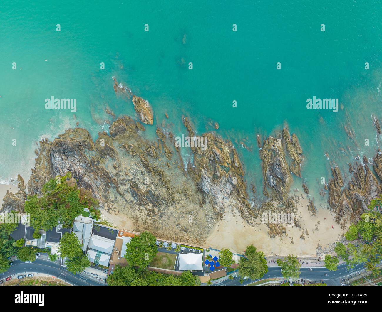 Aerial top view over Patong beach dolphin circle. The dolphin ...