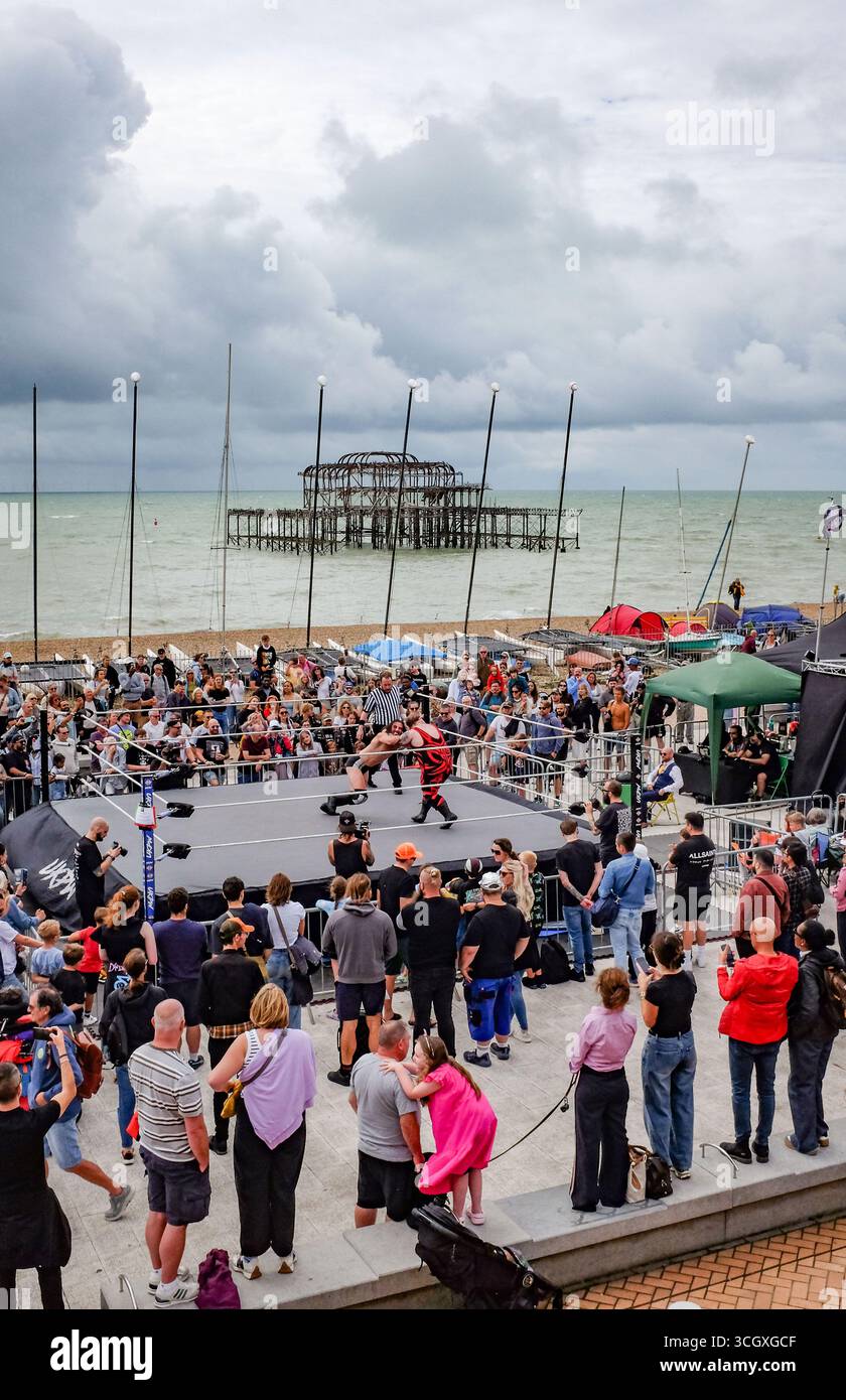 Brighton UK 30th August 2025 - Spectators enjoy a UKPW free wrestling ...