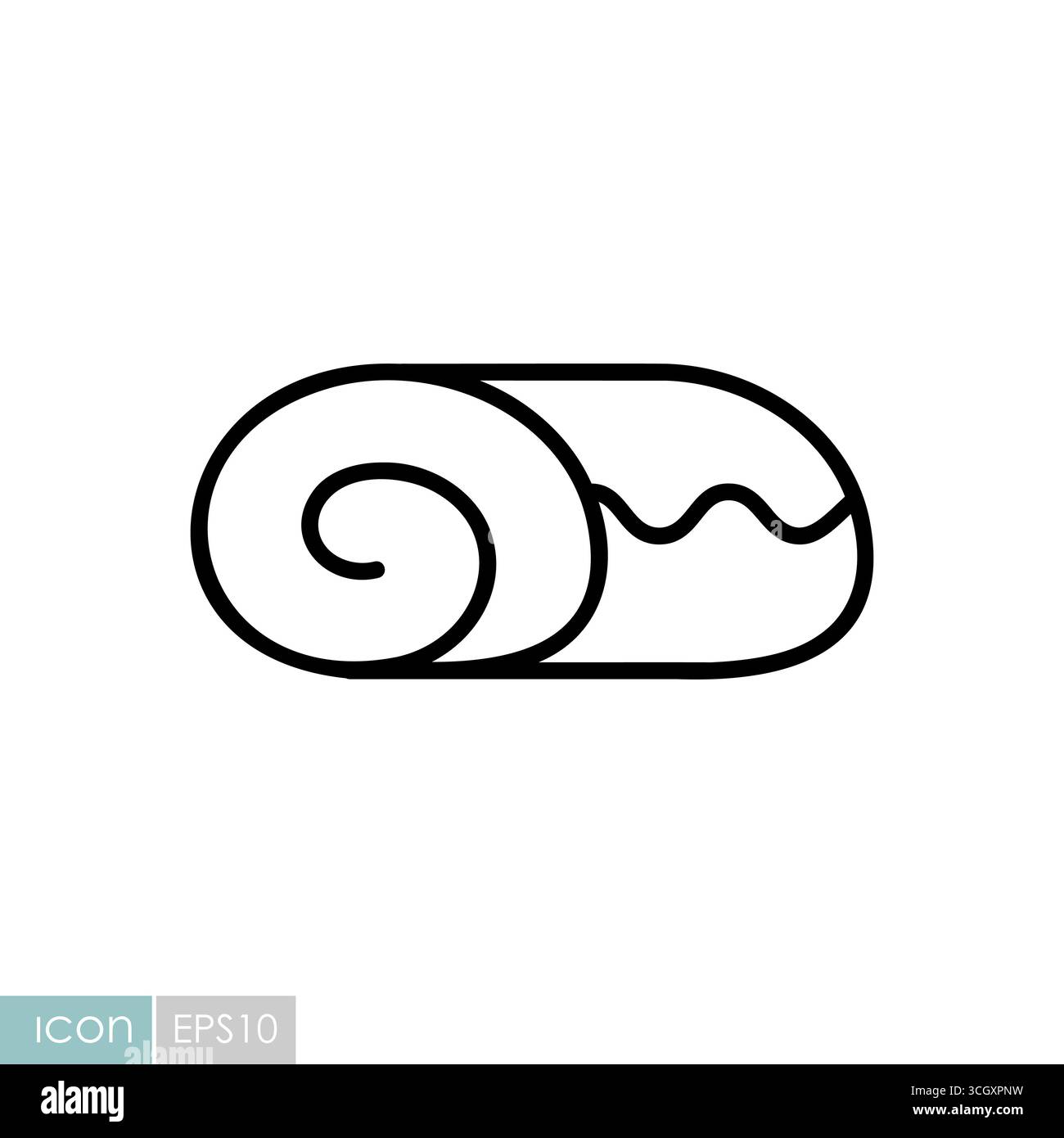 A classic vector line icon of a sponge cake roll, topped with a wavy ...